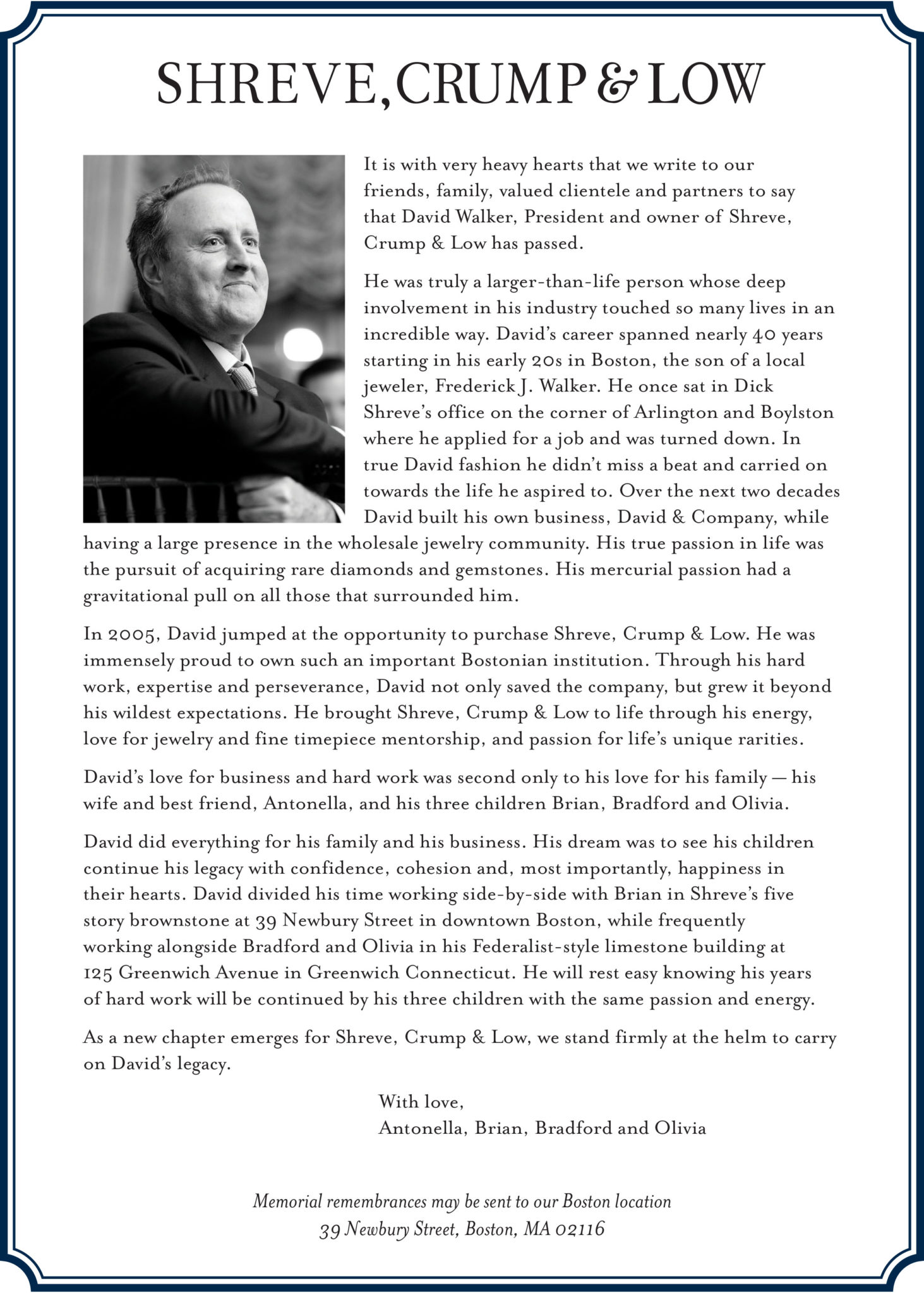 Shreve, Crump & Low owner David Walker dies - WATCHPRO USA